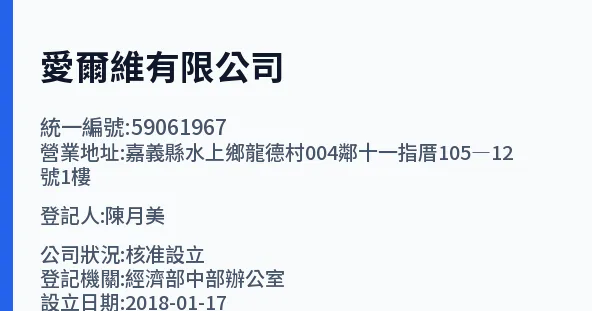 愛爾維有限公司的照片-統編 59061967(嘉義縣) 公司登記資料與營業項目詳細圖表