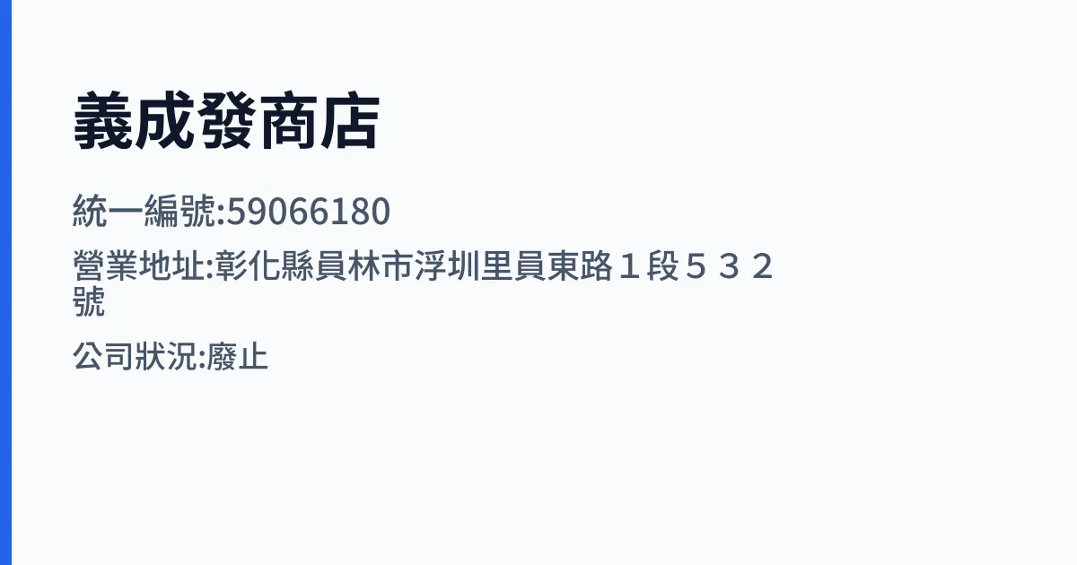義成發商店 - 統編 59066180(彰化縣) 公司登記資料與營業項目詳細圖表