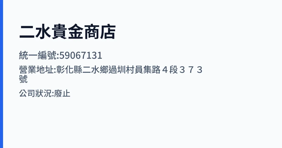 二水貴金商店 - 統編 59067131(彰化縣) 公司登記資料與營業項目詳細圖表