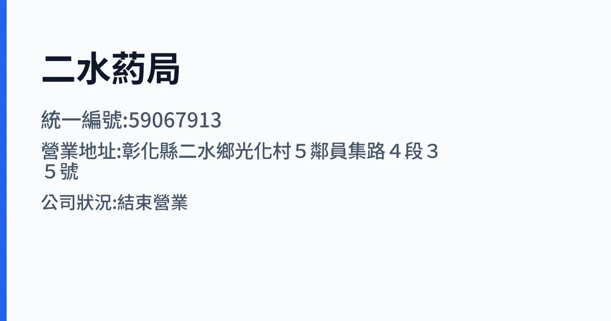 二水葯局 - 統編 59067913(彰化縣) 公司登記資料與營業項目詳細圖表