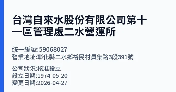 台灣自來水股份有限公司第十一區管理處二水營運所的照片-統編 59068027(彰化縣) 公司登記資料與營業項目詳細圖表