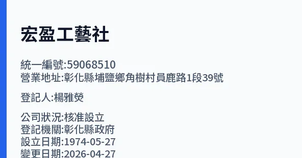 宏盈工藝社的照片-統編 59068510(彰化縣) 公司登記資料與營業項目詳細圖表