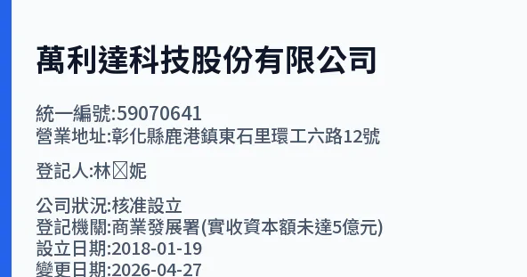 萬利達科技股份有限公司的照片-統編 59070641(彰化縣) 公司登記資料與營業項目詳細圖表