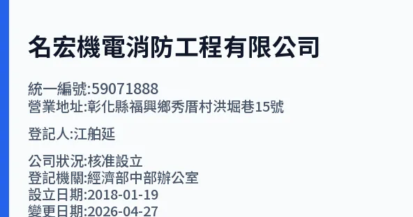 名宏機電消防工程有限公司的照片-統編 59071888(彰化縣) 公司登記資料與營業項目詳細圖表