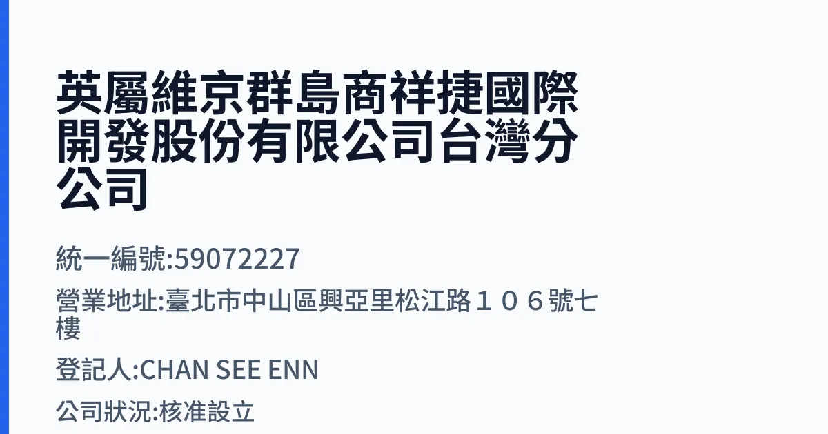 英屬維京群島商祥捷國際開發股份有限公司台灣分公司 - 統編 59072227(臺北市) 公司登記資料與營業項目詳細圖表
