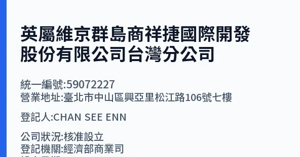 英屬維京群島商祥捷國際開發股份有限公司台灣分公司的照片-統編 59072227(臺北市) 公司登記資料與營業項目詳細圖表