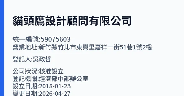 貓頭鷹設計顧問有限公司的照片-統編 59075603(新竹縣) 公司登記資料與營業項目詳細圖表
