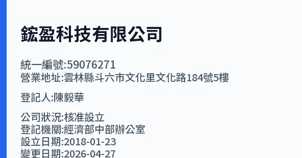 鋐盈科技有限公司的照片-統編 59076271(雲林縣) 公司登記資料與營業項目詳細圖表
