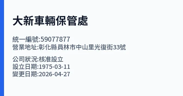 大新車輛保管處的照片-統編 59077877(彰化縣) 公司登記資料與營業項目詳細圖表