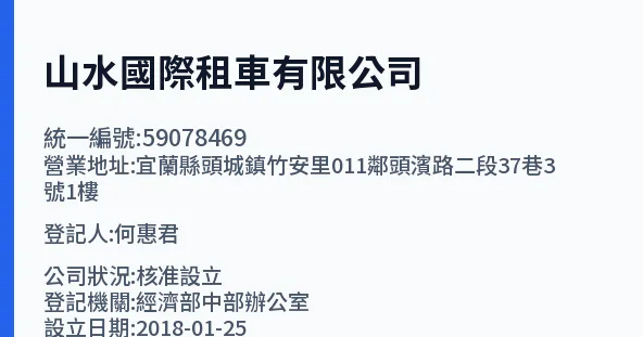山水國際租車有限公司的照片-統編 59078469(宜蘭縣) 公司登記資料與營業項目詳細圖表