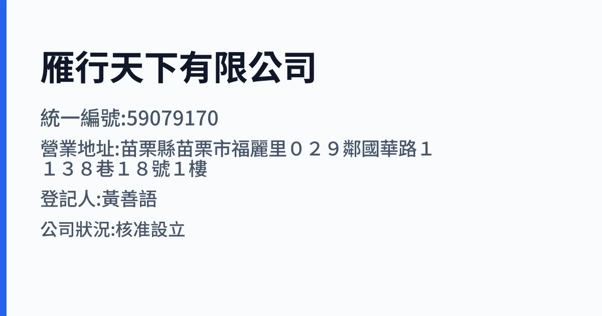 雁行天下有限公司 - 統編 59079170(苗栗縣) 公司登記資料與營業項目詳細圖表