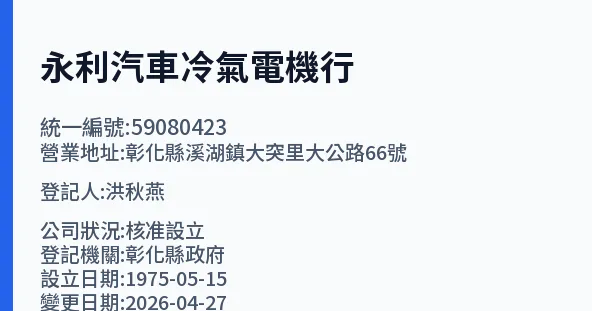 永利汽車冷氣電機行的照片-統編 59080423(彰化縣) 公司登記資料與營業項目詳細圖表