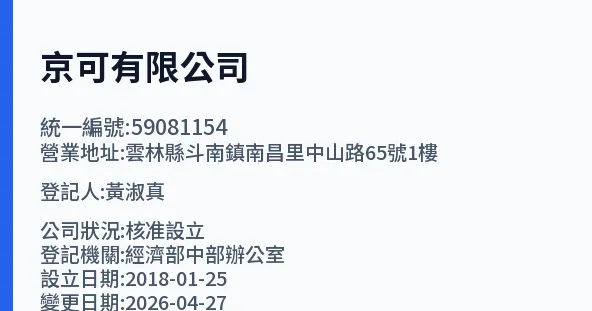 京可有限公司的照片-統編 59081154(雲林縣) 公司登記資料與營業項目詳細圖表