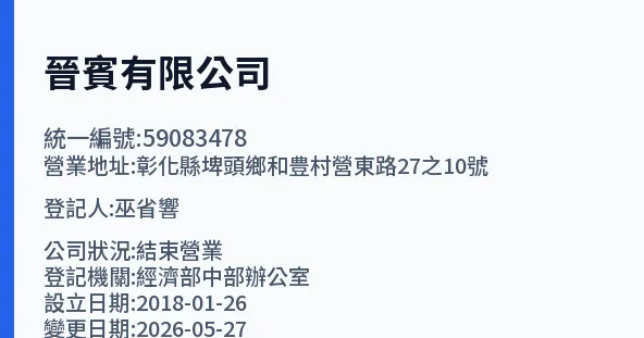 晉賓有限公司的照片-統編 59083478(彰化縣) 公司登記資料與營業項目詳細圖表