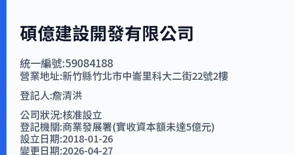 碩億建設開發有限公司的照片-統編 59084188(新竹縣) 公司登記資料與營業項目詳細圖表