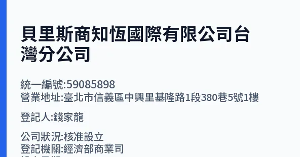 貝里斯商知恆國際有限公司台灣分公司的照片-統編 59085898(臺北市) 公司登記資料與營業項目詳細圖表