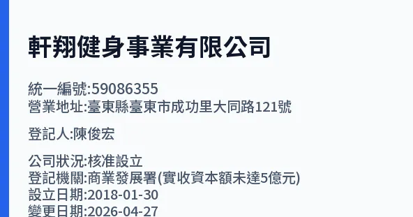 軒翔健身事業有限公司的照片-統編 59086355(臺東縣) 公司登記資料與營業項目詳細圖表