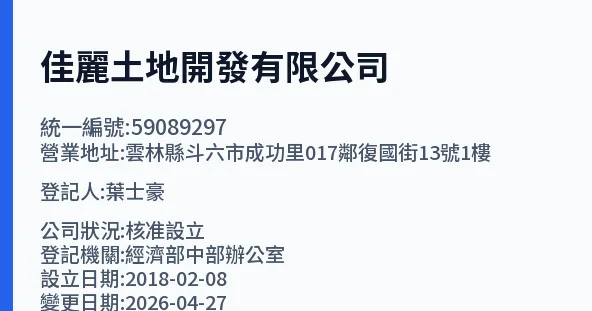 佳麗土地開發有限公司的照片-統編 59089297(雲林縣) 公司登記資料與營業項目詳細圖表