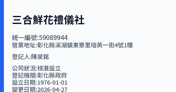 三合鮮花禮儀社的照片-統編 59089944(彰化縣) 公司登記資料與營業項目詳細圖表