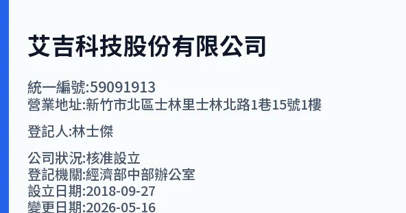 艾吉科技股份有限公司的照片-統編 59091913(新竹市) 公司登記資料與營業項目詳細圖表