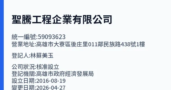 聖騰工程企業有限公司的照片-統編 59093623(高雄市) 公司登記資料與營業項目詳細圖表