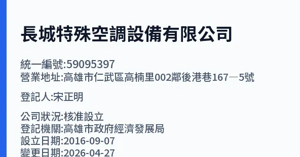長城特殊空調設備有限公司的照片-統編 59095397(高雄市) 公司登記資料與營業項目詳細圖表