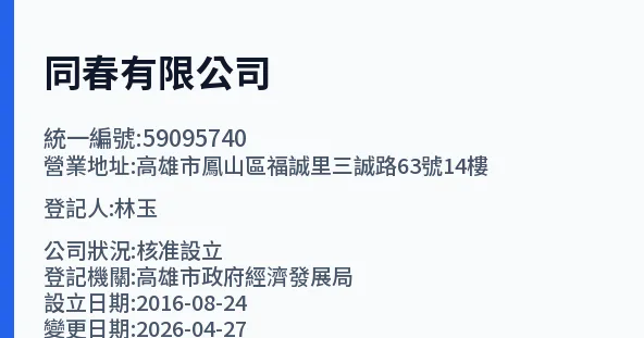 同春有限公司的照片-統編 59095740(高雄市) 公司登記資料與營業項目詳細圖表
