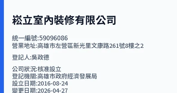 崧立室內裝修有限公司的照片-統編 59096086(高雄市) 公司登記資料與營業項目詳細圖表