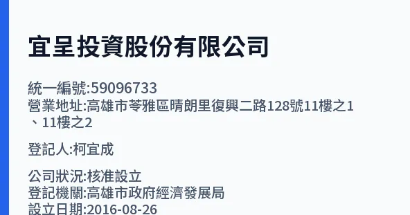 宜呈投資股份有限公司的照片-統編 59096733(高雄市) 公司登記資料與營業項目詳細圖表
