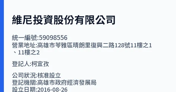 維尼投資股份有限公司的照片-統編 59098556(高雄市) 公司登記資料與營業項目詳細圖表