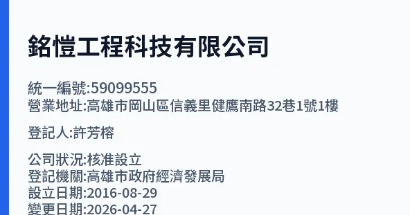 銘愷工程科技有限公司的照片-統編 59099555(高雄市) 公司登記資料與營業項目詳細圖表