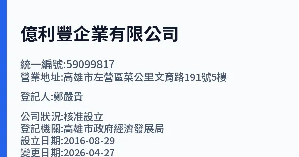 億利豐企業有限公司的照片-統編 59099817(高雄市) 公司登記資料與營業項目詳細圖表