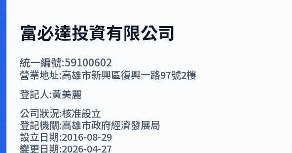 富必達投資有限公司的照片-統編 59100602(高雄市) 公司登記資料與營業項目詳細圖表
