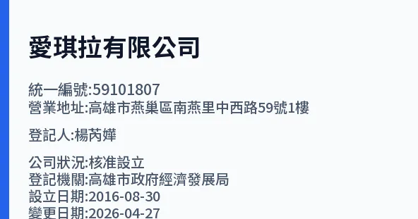 愛琪拉有限公司的照片-統編 59101807(高雄市) 公司登記資料與營業項目詳細圖表