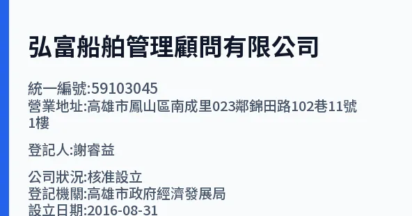 弘富船舶管理顧問有限公司的照片-統編 59103045(高雄市) 公司登記資料與營業項目詳細圖表