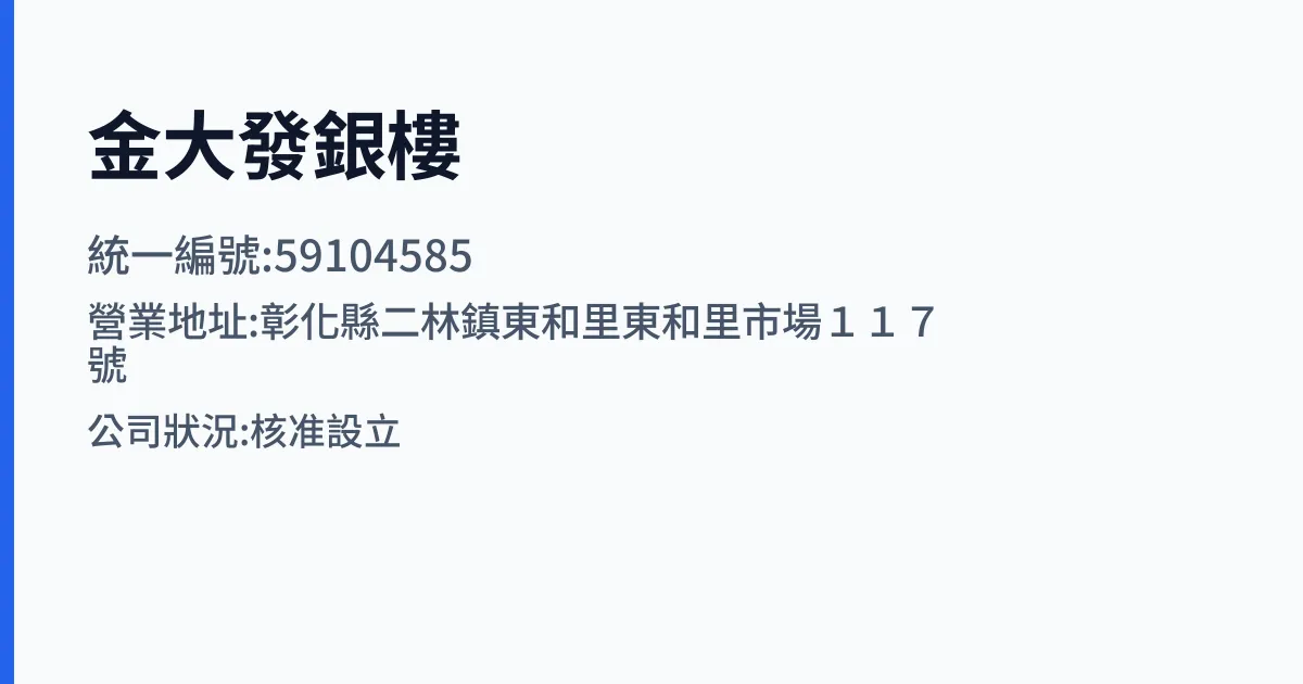 金大發銀樓 - 統編 59104585(彰化縣) 公司登記資料與營業項目詳細圖表