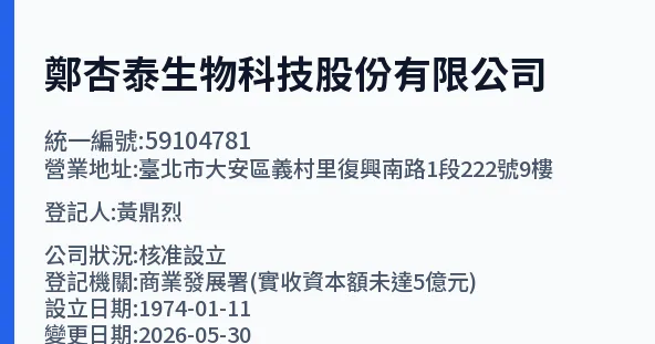 鄭杏泰生物科技股份有限公司的照片-統編 59104781(臺北市) 公司登記資料與營業項目詳細圖表