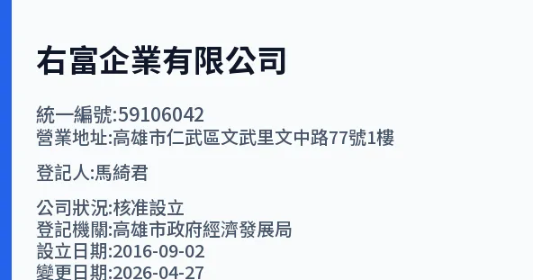 右富企業有限公司的照片-統編 59106042(高雄市) 公司登記資料與營業項目詳細圖表