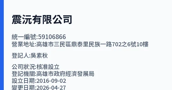震沅有限公司的照片-統編 59106866(高雄市) 公司登記資料與營業項目詳細圖表