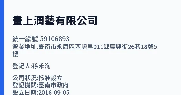 畫上潤藝有限公司的照片-統編 59106893(臺南市) 公司登記資料與營業項目詳細圖表