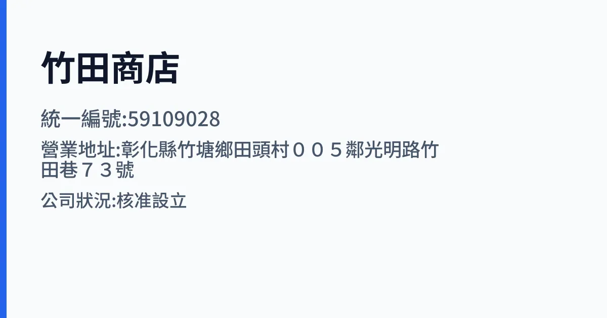 竹田商店 - 統編 59109028(彰化縣) 公司登記資料與營業項目詳細圖表