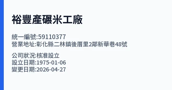 裕豐產碾米工廠的照片-統編 59110377(彰化縣) 公司登記資料與營業項目詳細圖表