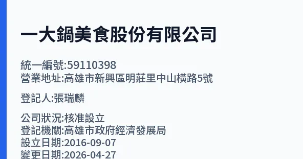 一大鍋美食股份有限公司的照片-統編 59110398(高雄市) 公司登記資料與營業項目詳細圖表