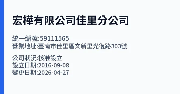 宏樺有限公司佳里分公司的照片-統編 59111565(臺南市) 公司登記資料與營業項目詳細圖表