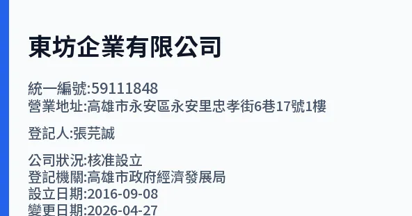 東坊企業有限公司的照片-統編 59111848(高雄市) 公司登記資料與營業項目詳細圖表