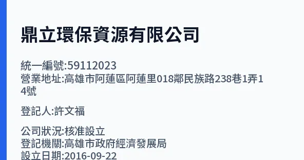 鼎立環保資源有限公司的照片-統編 59112023(高雄市) 公司登記資料與營業項目詳細圖表
