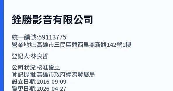 銓勝影音有限公司的照片-統編 59113775(高雄市) 公司登記資料與營業項目詳細圖表