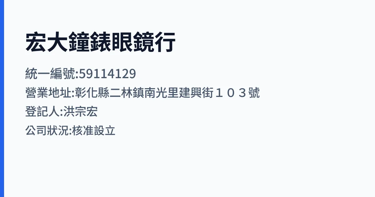 宏大鐘錶眼鏡行 - 統編 59114129(彰化縣) 公司登記資料與營業項目詳細圖表