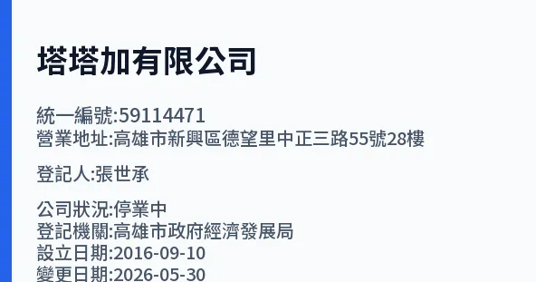 塔塔加有限公司的照片-統編 59114471(高雄市) 公司登記資料與營業項目詳細圖表