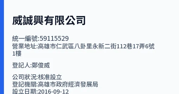 威誠興有限公司的照片-統編 59115529(高雄市) 公司登記資料與營業項目詳細圖表